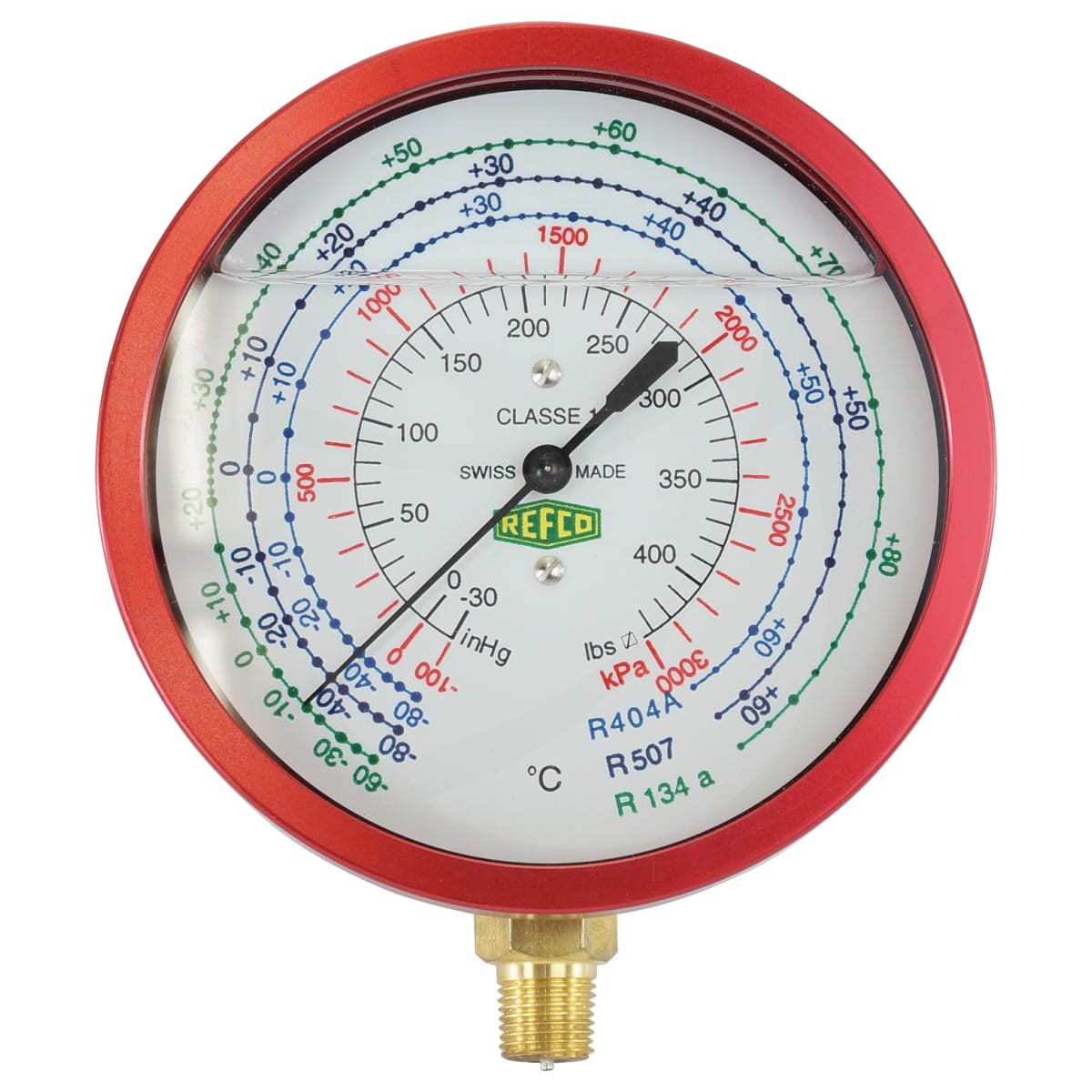 HIGH PRESSURE GAUGE, REFCO, R134A KPA/PSI, LIQUID FILLED, RED